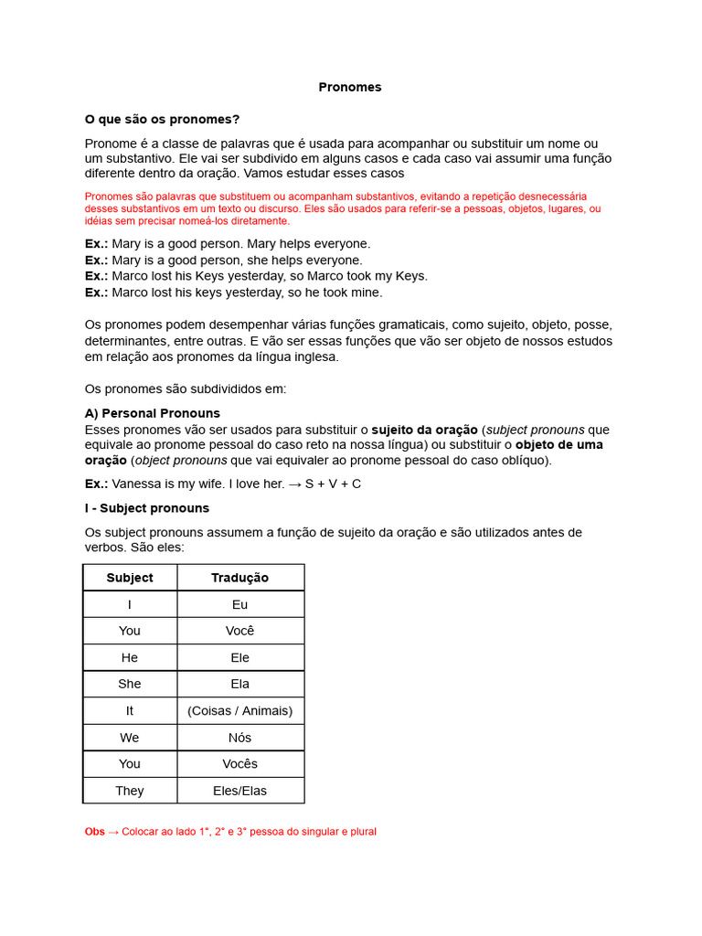 01 Pronomes Pdf Assunto Gramática Pronome