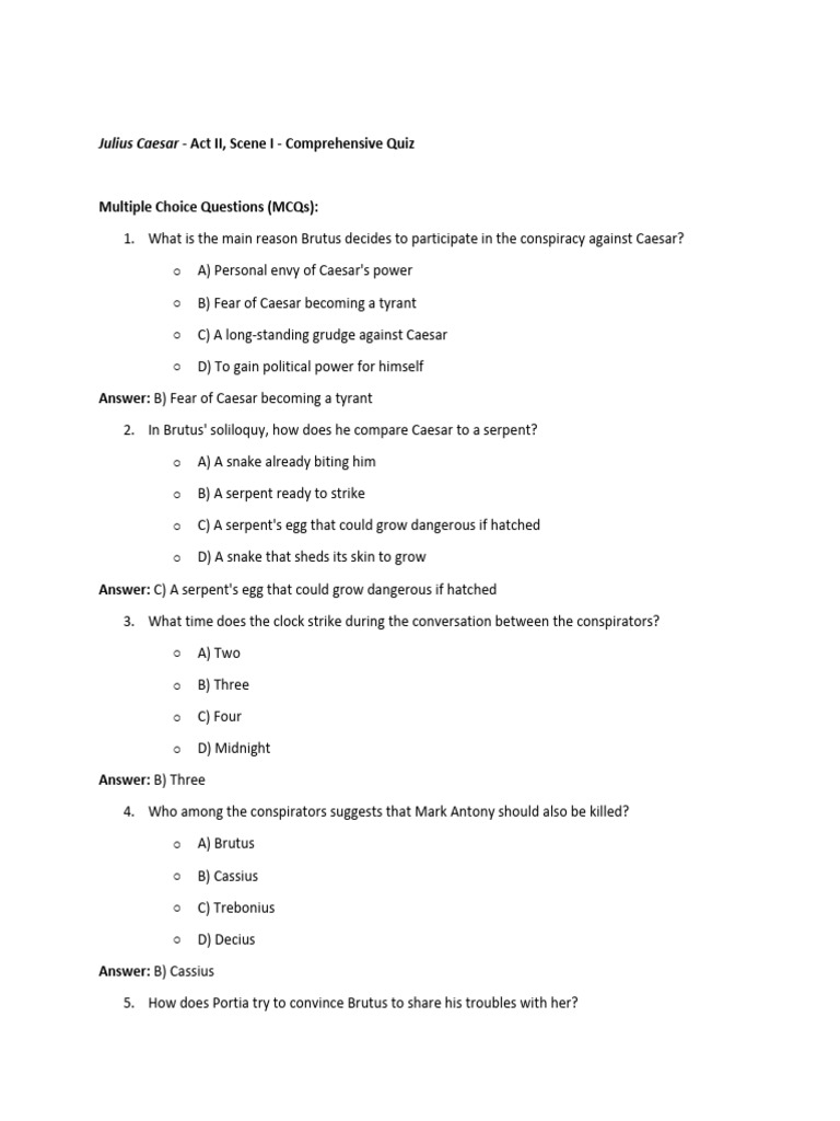 Julius Caesar: - Act II, Scene I - Comprehensive Quiz | PDF | Julius ...