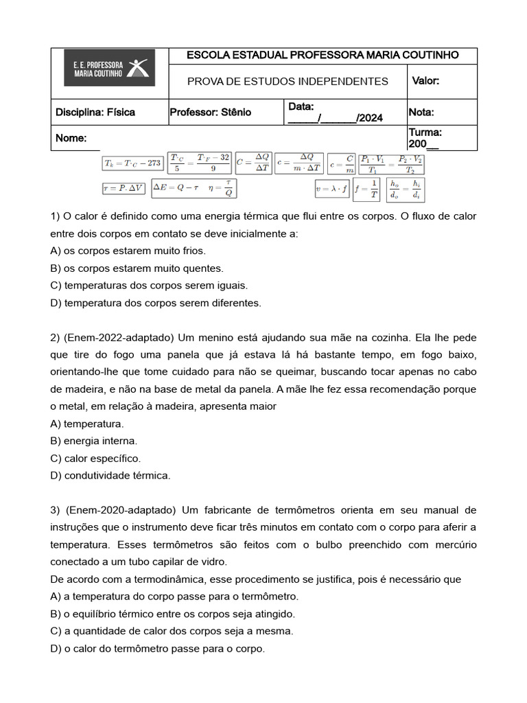 EI-2ano-fisica-prova | PDF | Calor | Cor