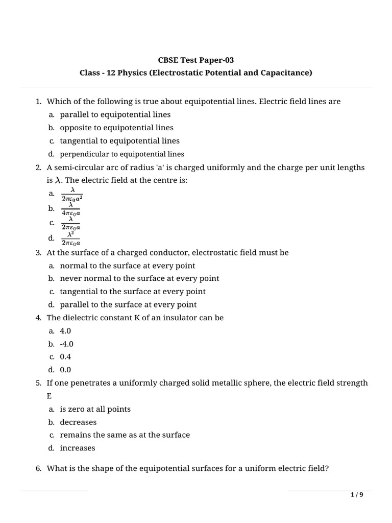 Class 12 Physics: Electrostatic Potential & Capacitance Test | PDF ...