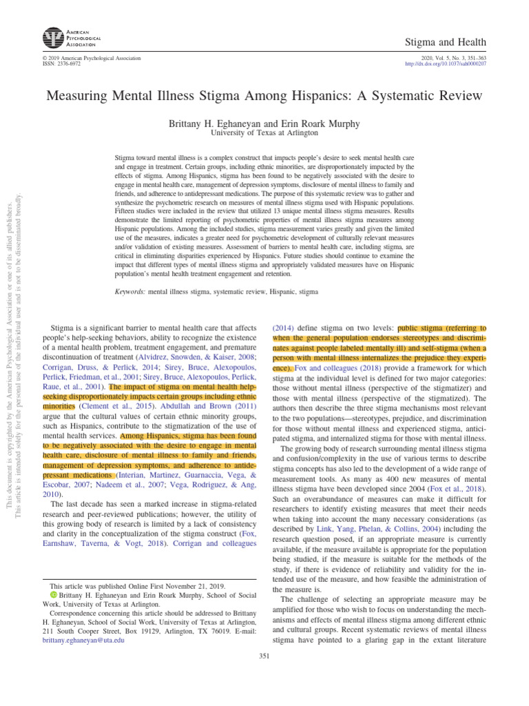 Measuring Mental Illness Stigma Among Hispanics: A Systematic Review ...