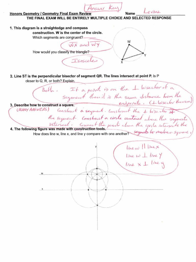 Honors Geometry - Geometry Final Exam Review (2021 - 2022) (Answers) | PDF