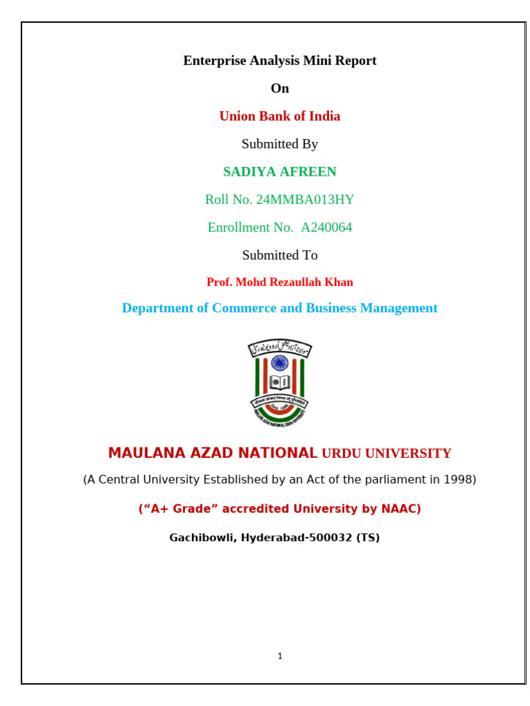 Enterprise Analysis Mini Report On: Union Bank of India | PDF | Expense | Banks