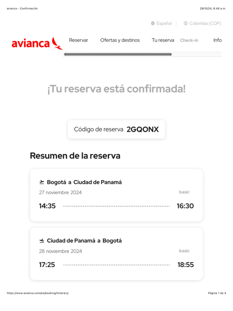 Avianca - Confirmación | PDF