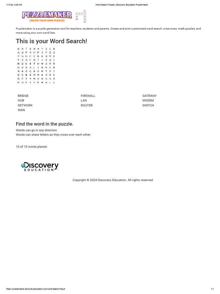 Word Search Puzzle - Discovery Education Puzzlemaker-SETTING UP NETWORK ...