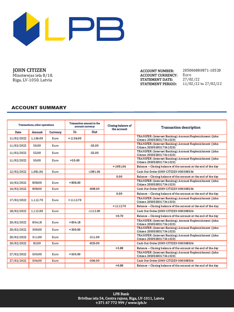 Latvia LPB Bank Statement | PDF | Euro | Banks & Banking