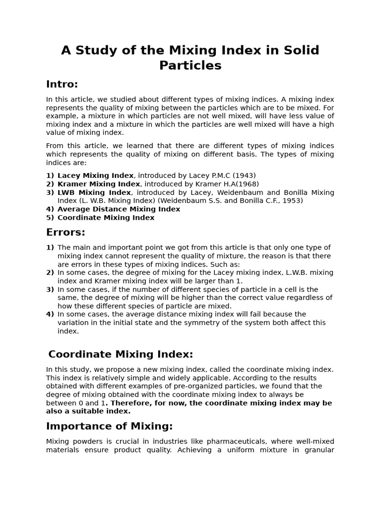 A Study of The Mixing Index in Solid Particles | PDF | Mixture | Materials