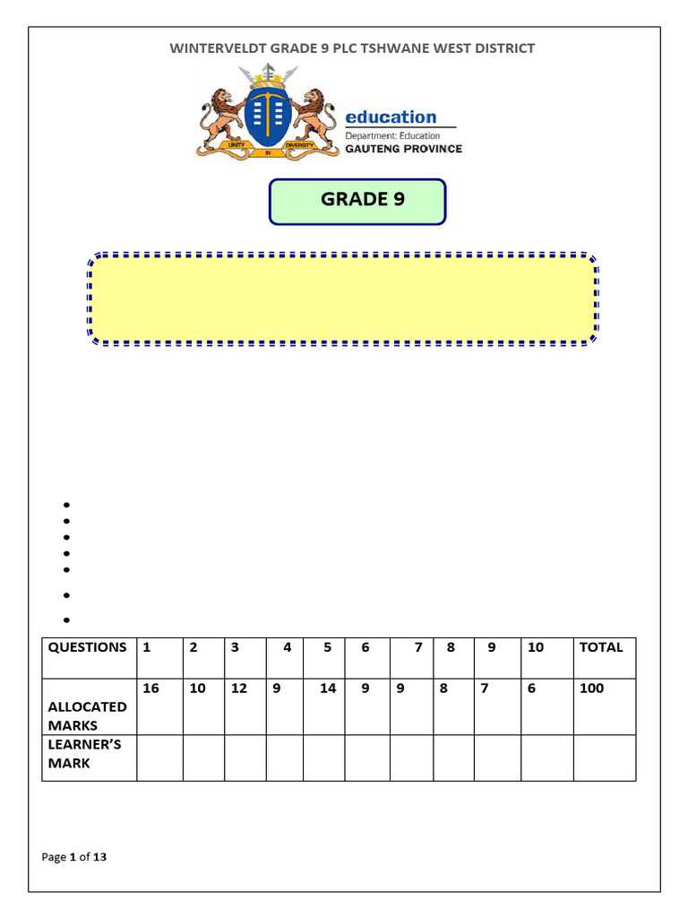 June Natural Science Mid Year Control Test 2024 Winterveldt | PDF ...
