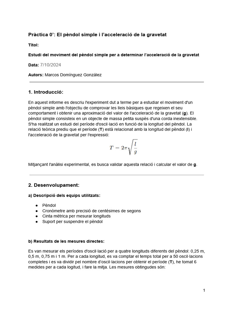 Pràctica 0' - El Pèndol Simple I L'acceleració de La Gravetat | PDF