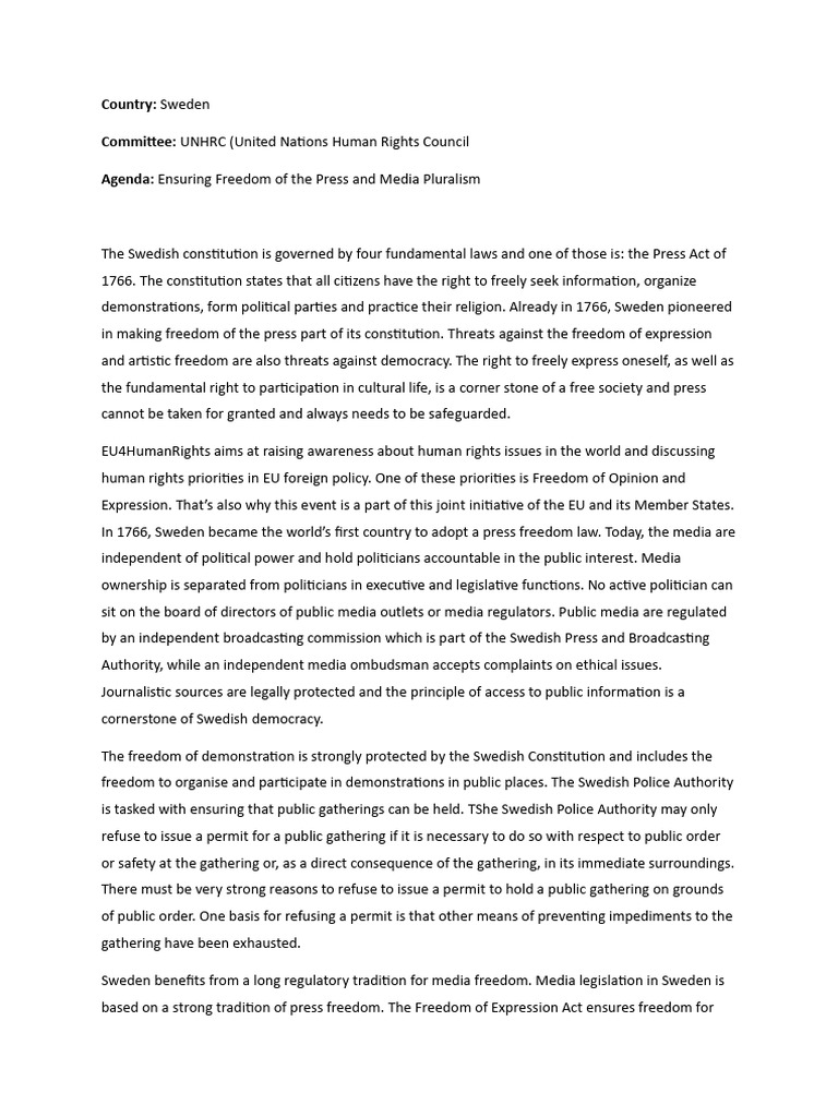 Sweden Position Paper | PDF | Freedom Of The Press | Freedom Of Speech