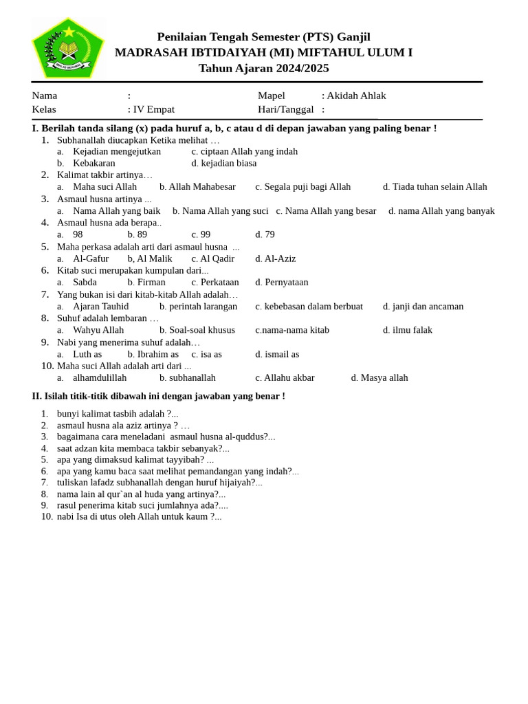 SOAL PTS Ganjil Akidah Ahlak KELAS IV | PDF