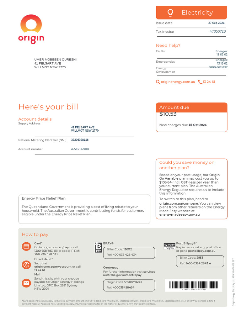Origin Energy Bill PDF | PDF | Cost Of Living | Payments