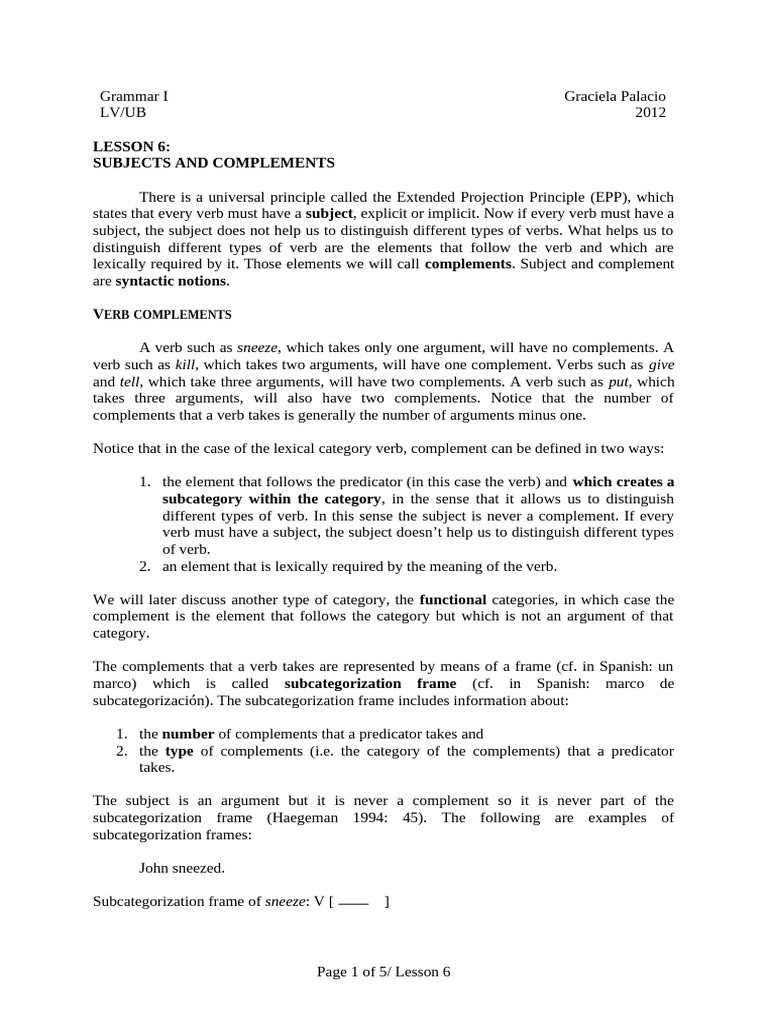 Understanding Verb Complements and Subjects | PDF | Adjective | Noun