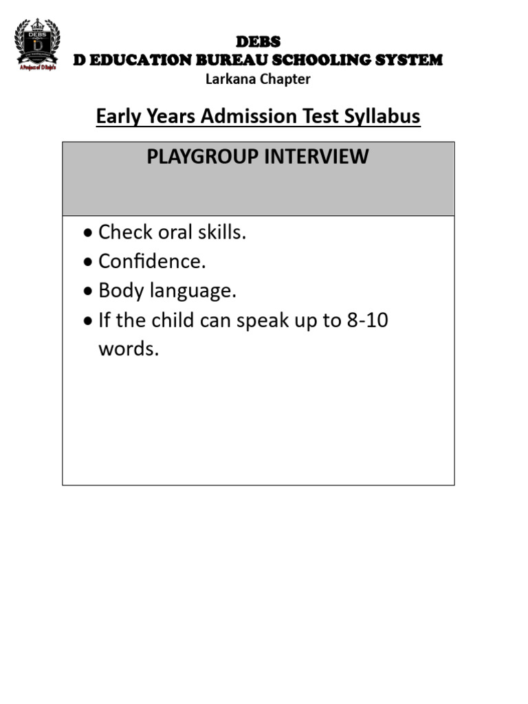 Early Years Admission Test Syllabus-1 | PDF