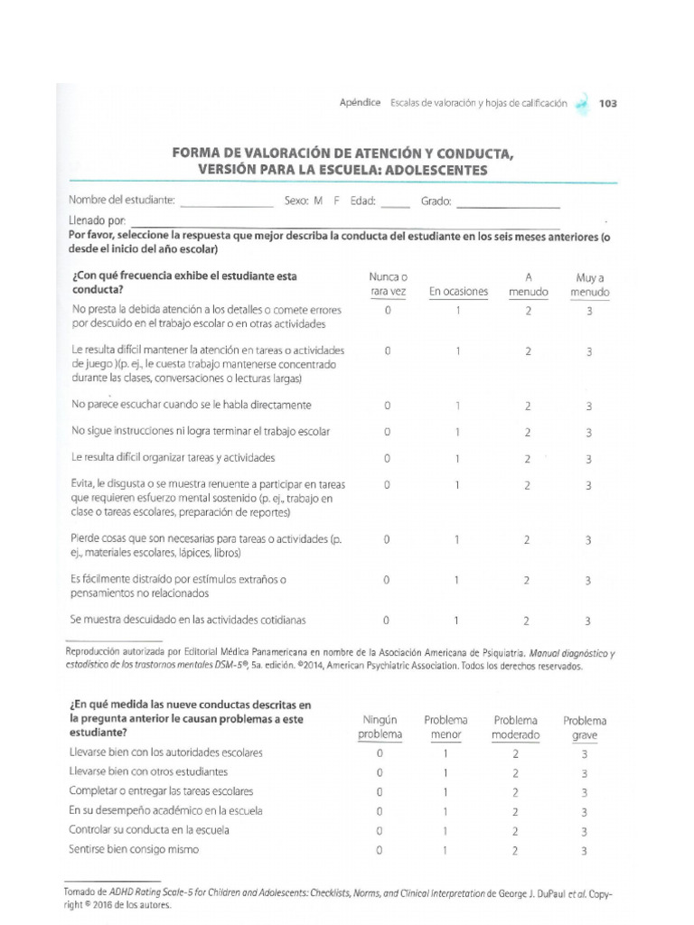 TDAH-5 CUESTIONARIOS Adolescentes Escuela | PDF