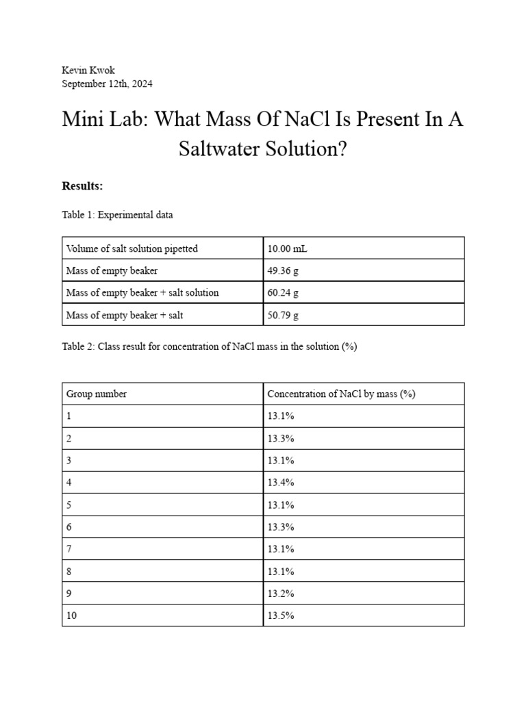 Mini Lab - What Mass of Nacl Is Present in Solution? | PDF | Accuracy ...