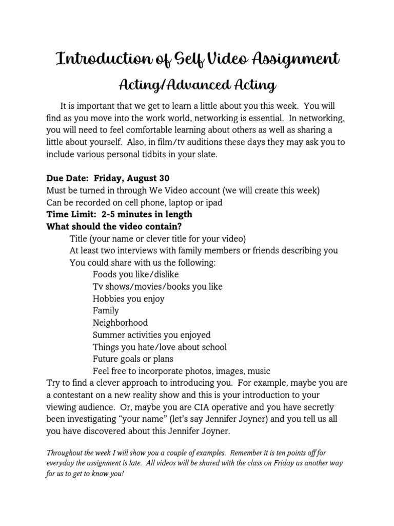 Introduction of Acting Self Video Assignment | PDF