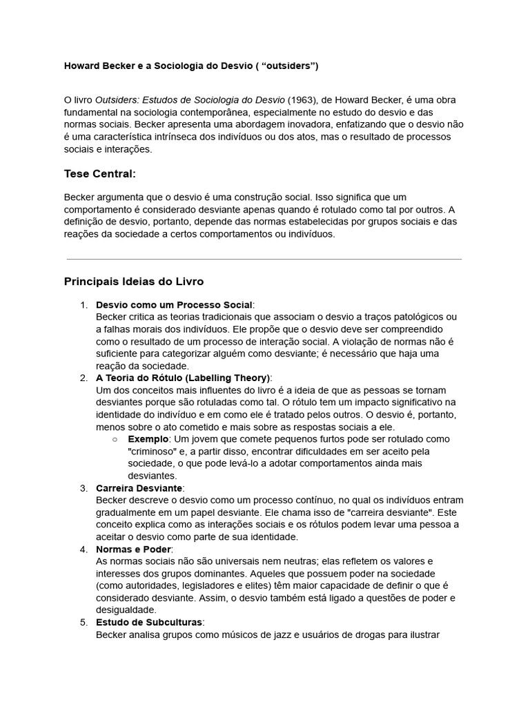 Becker e a Construção Social do Desvio | PDF | Desvio (Sociologia ...