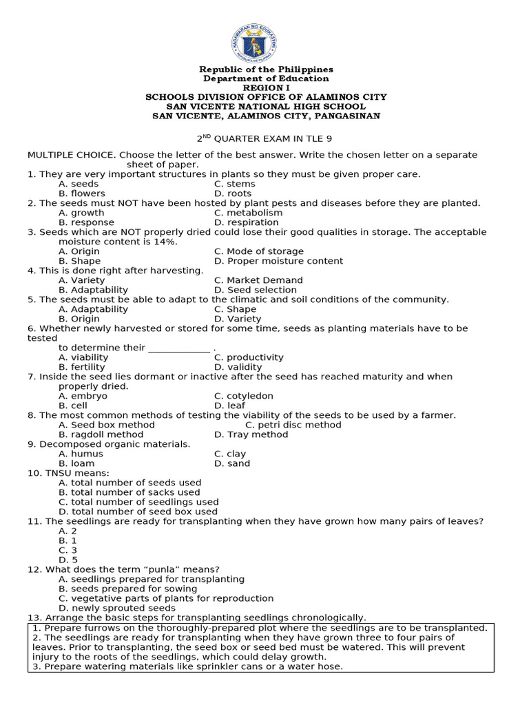 TLE 9 2nd Quarter Exam Review Guide | PDF | Seed | Weed