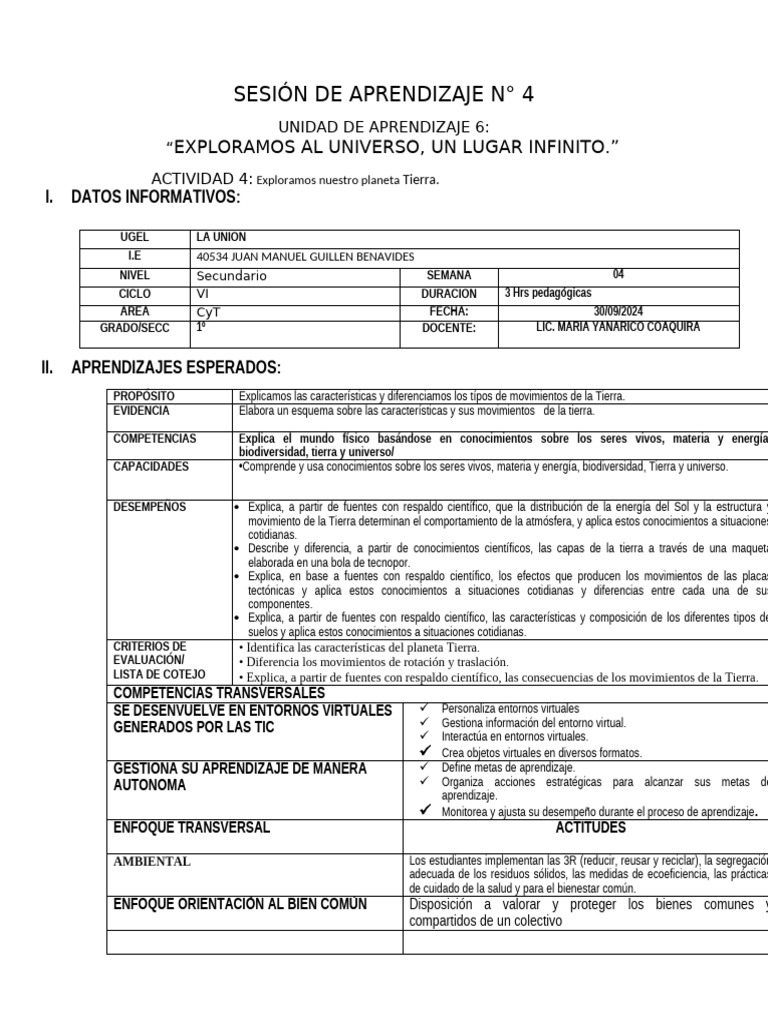 D-1º Ses-Act 4 Cyt Und 6 | PDF | Tierra | Aprendizaje