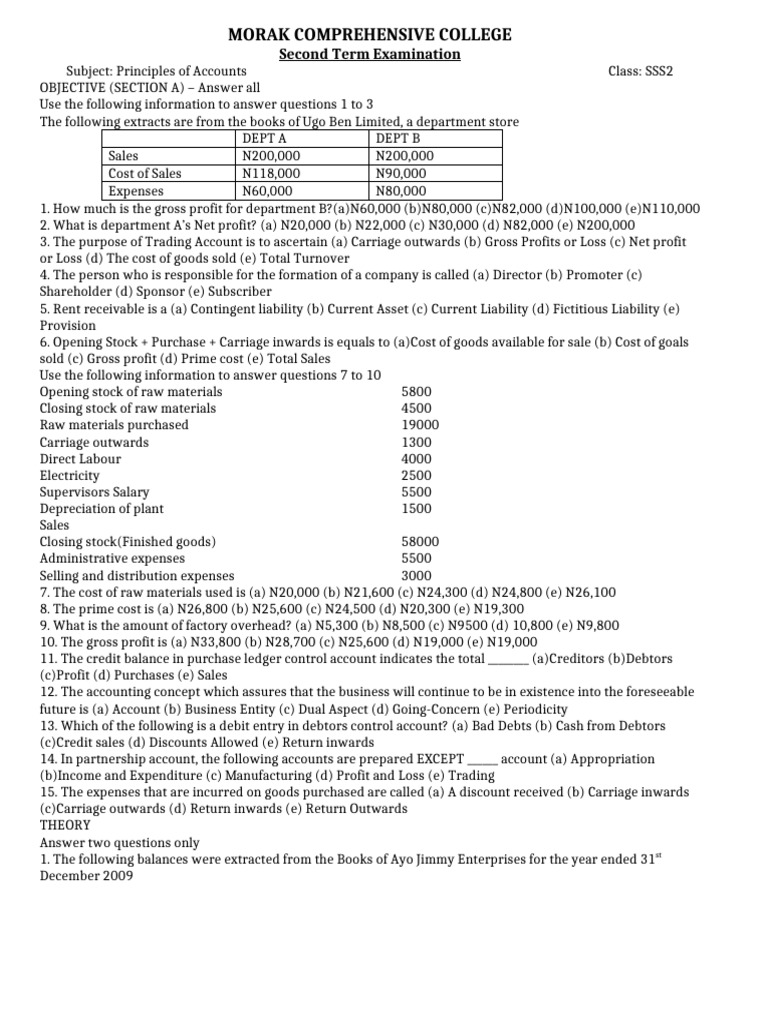 SSS2 Principles of Accounts Exam | PDF | Debits And Credits | Expense