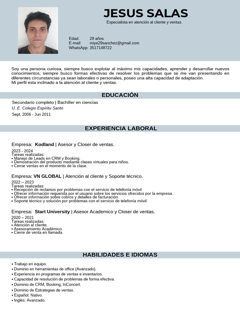 CV Jesús Salas Atención 2024 Especialista en Atención ARG | PDF