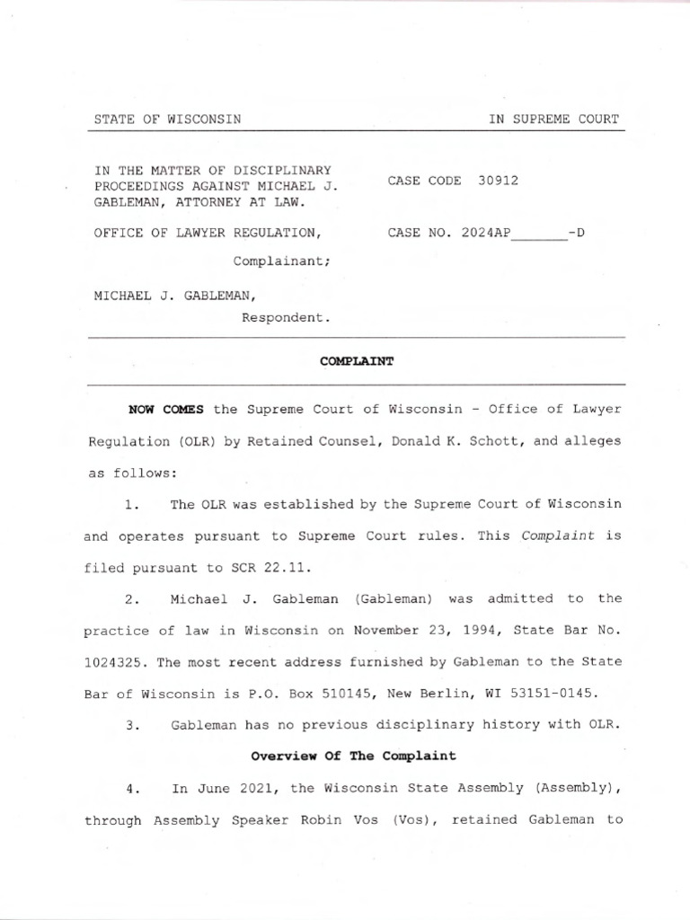 Michael Gableman Complaint | PDF