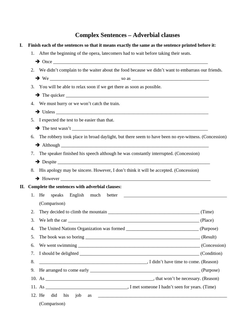 Complex Sentences Practice | PDF | Syntax | Grammar