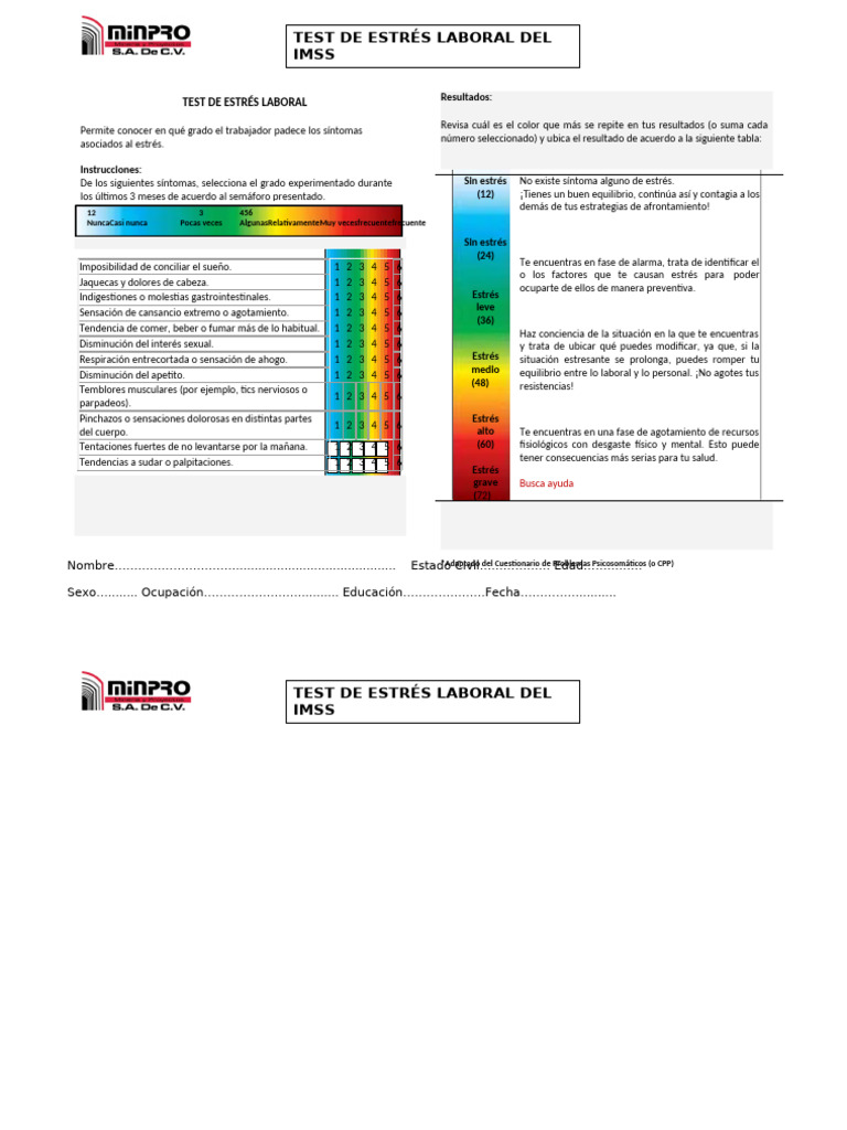 Test de Estrés Laboral IMSS | PDF | Estrés (biología) | Sicología