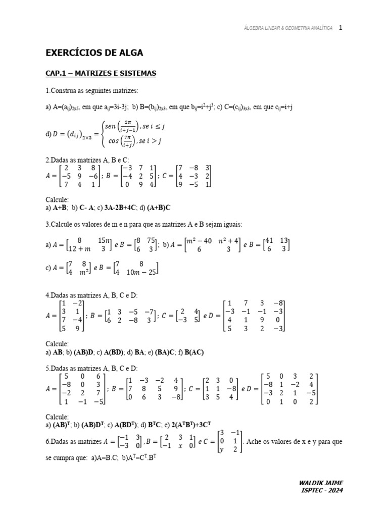 Exercícios - Cap.01 | PDF | Determinante | Matriz (Matemática)