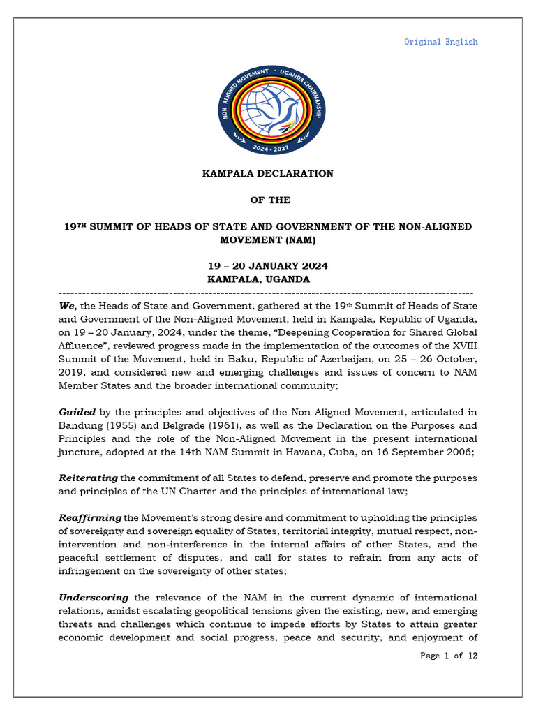 Kampala Declaration NAM Summit 2024 | PDF | Palestinian Territories | Israeli Occupied Territories