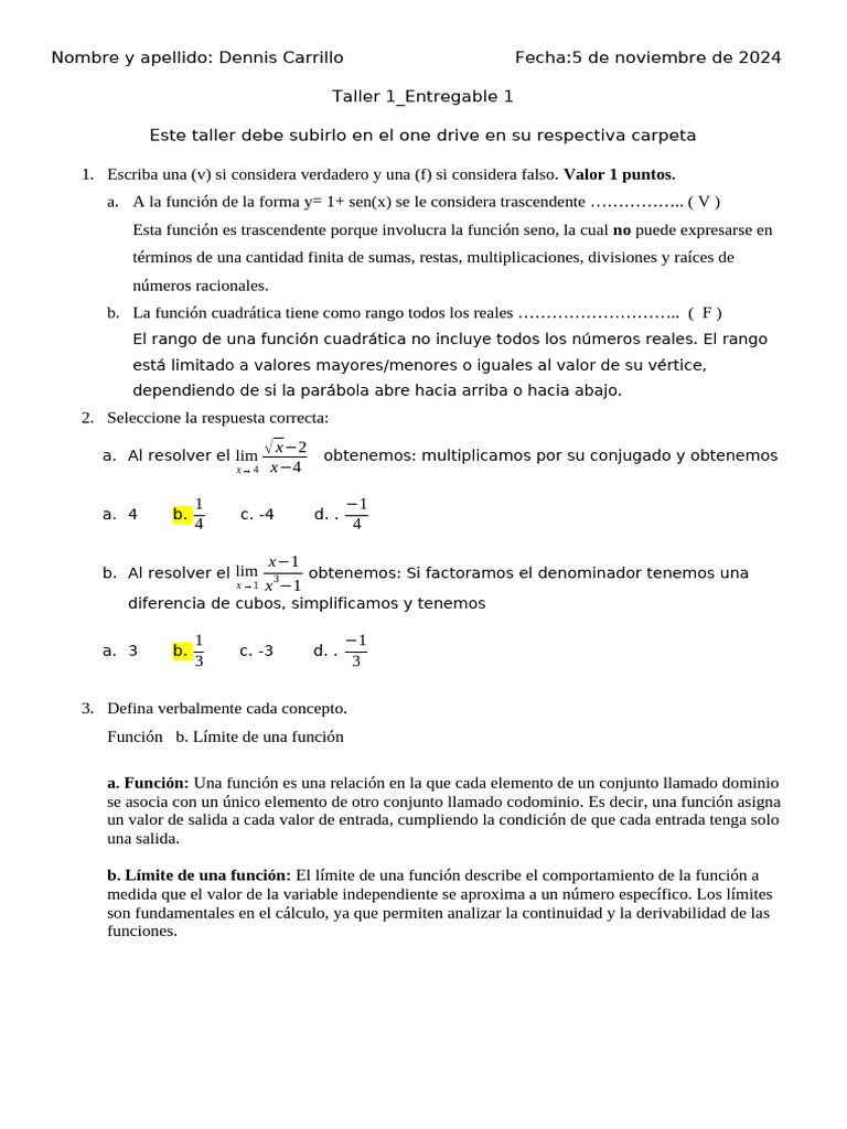 Taller 1 - Entregable 1 - Limites y Derivadas (Recuperado) | PDF ...