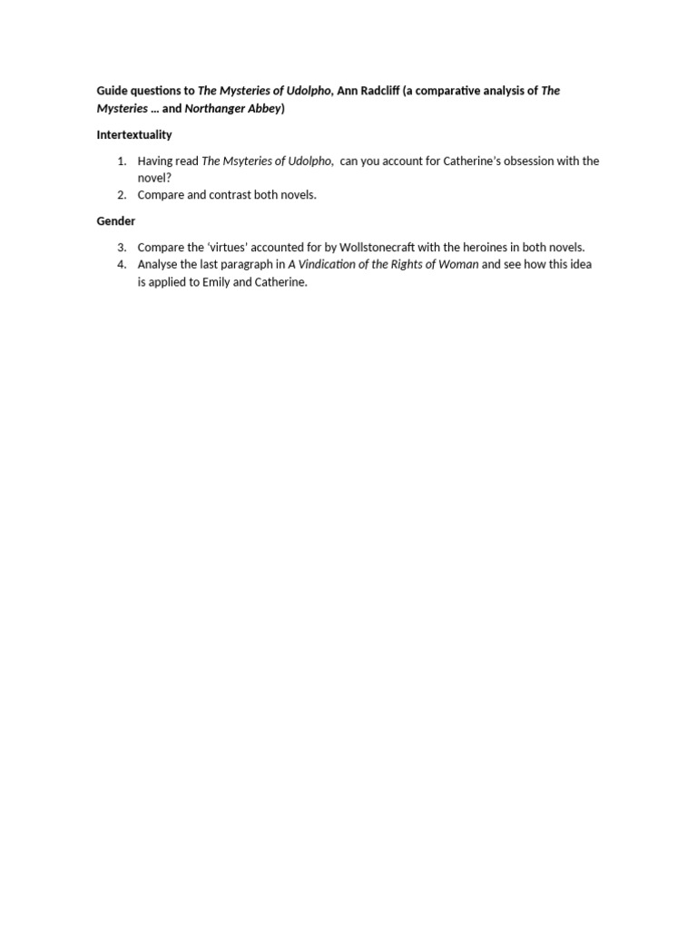11 - Guide Questions To The Msyteries of Udolpho | PDF | General Fiction