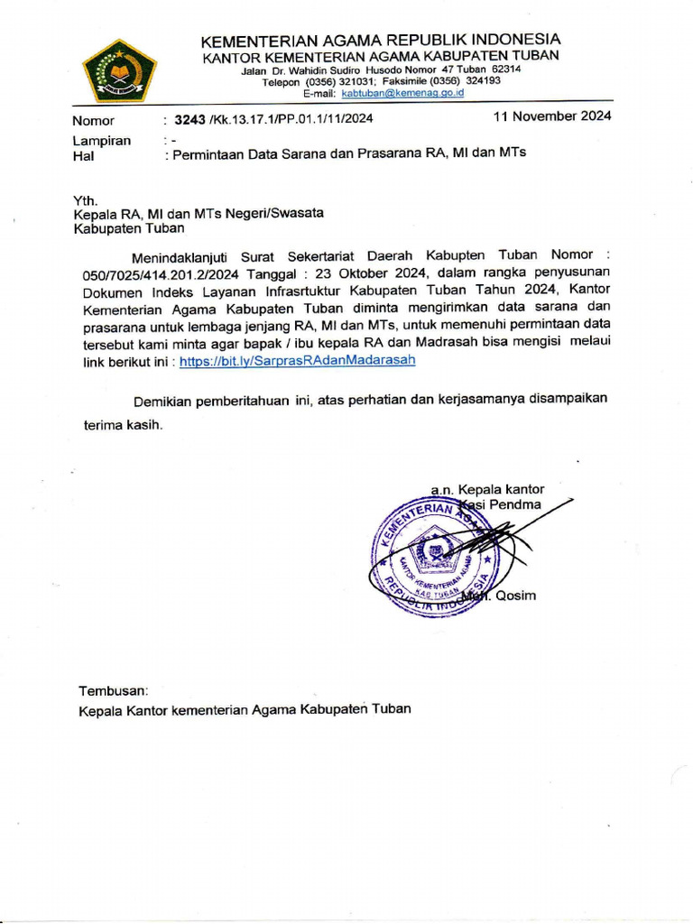 Permintaan Data Sarpras RA, MI Dan MTS | PDF