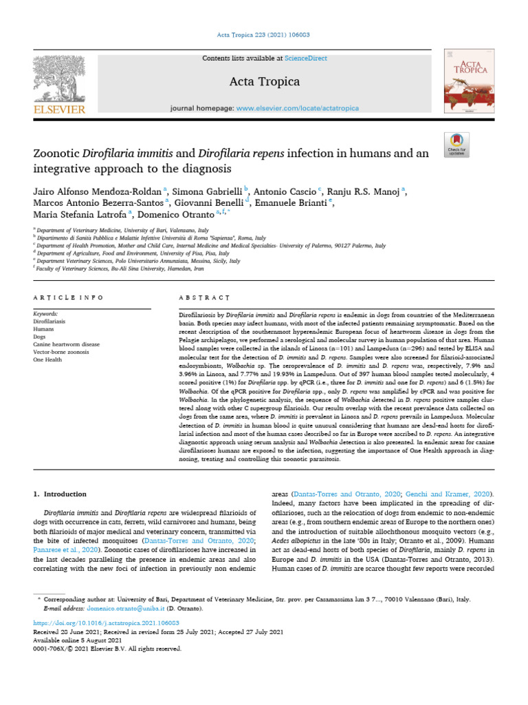 Zoonotic Dirofilaria Immitis and Dirofilaria Repens Infection in Humans ...