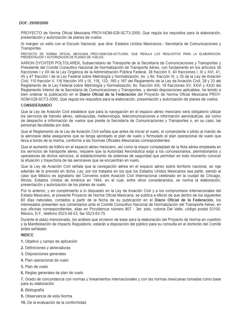 Proy Nom 028-SCT3-2000 Plan de Vuelo | PDF | Control de tráfico aéreo ...
