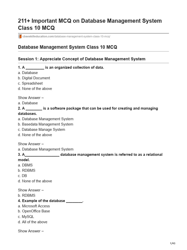 Class 10 I.T (Database MCQS) | PDF | Databases | Relational Database