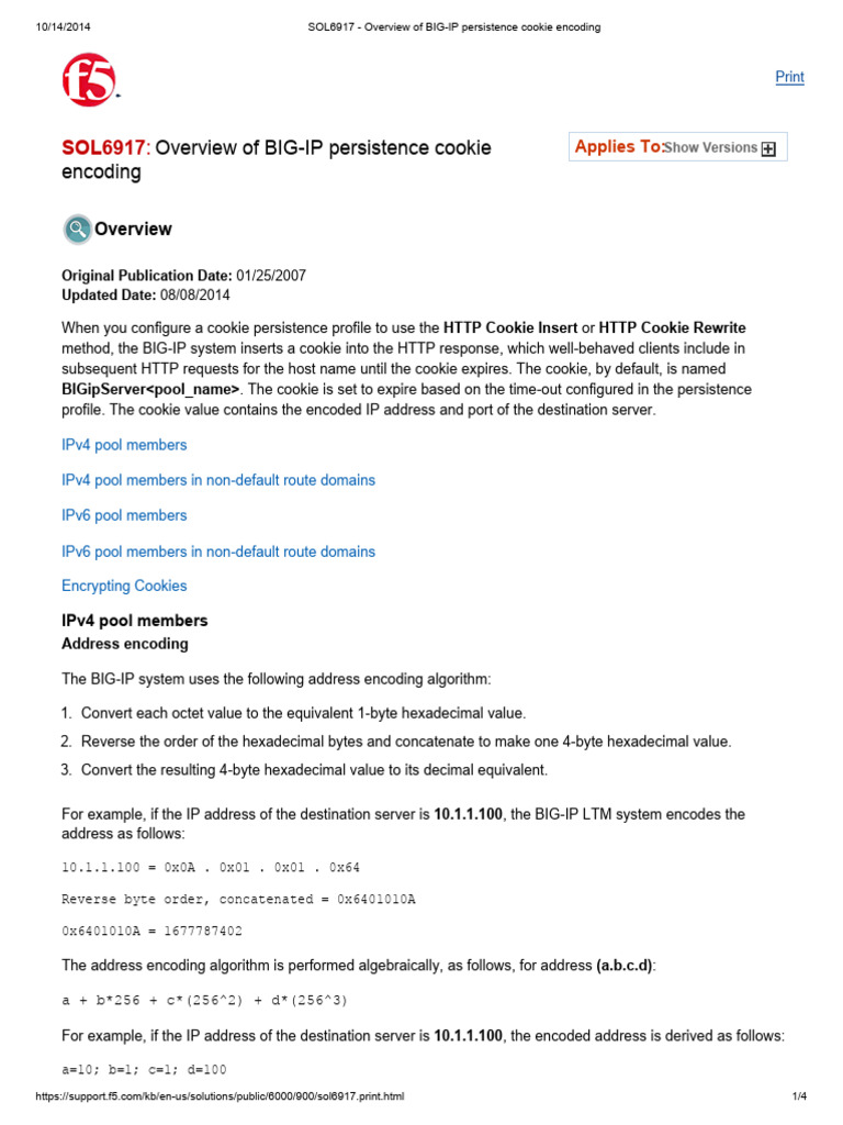 SOL6917 - Overview of BIG-IP Persistence Cookie Encoding | PDF | Http Cookie | Ip Address
