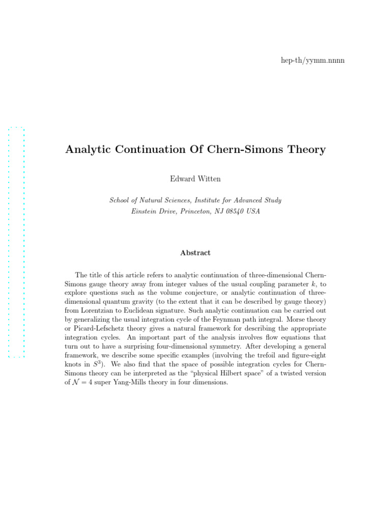 Analytic Continuation of Chern-Simons Theory: Hep-Th/yymm - NNNN | PDF ...