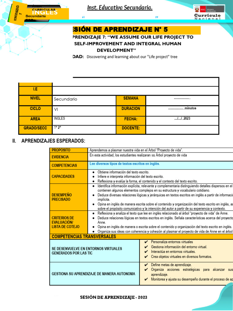 1° 2°-Ses Act 05-Inlgles-U7 | PDF | Aprendizaje | Evaluación