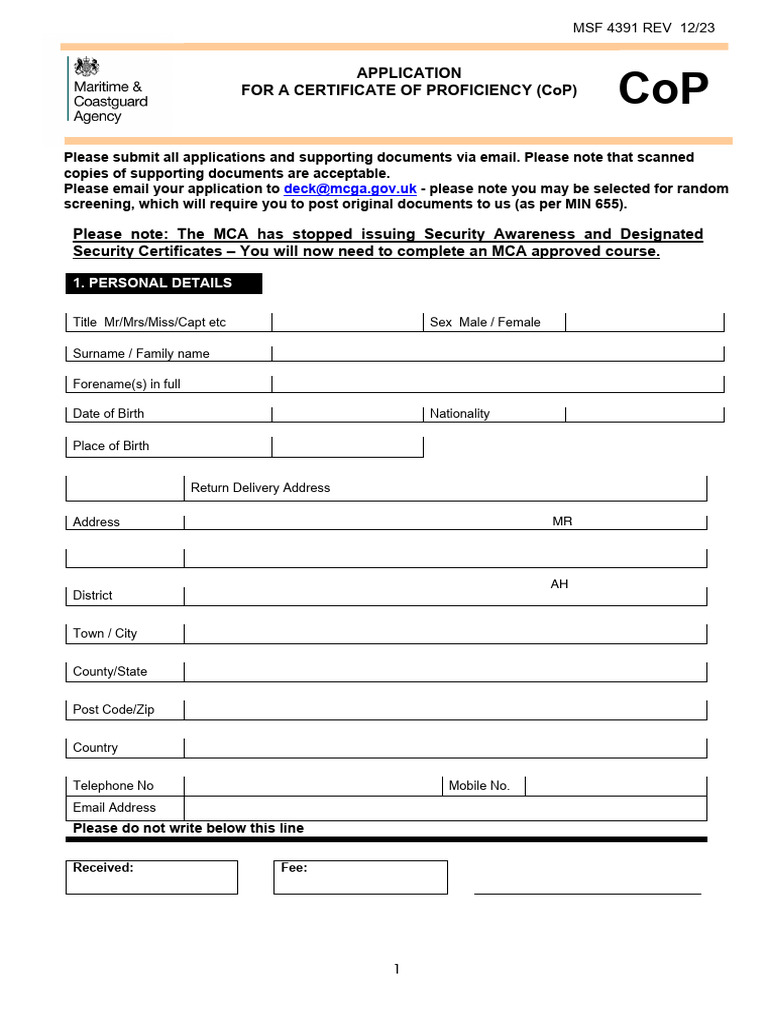 MSF 4391 Certificate of Proficiency Rev 1223 | PDF | Credit Card