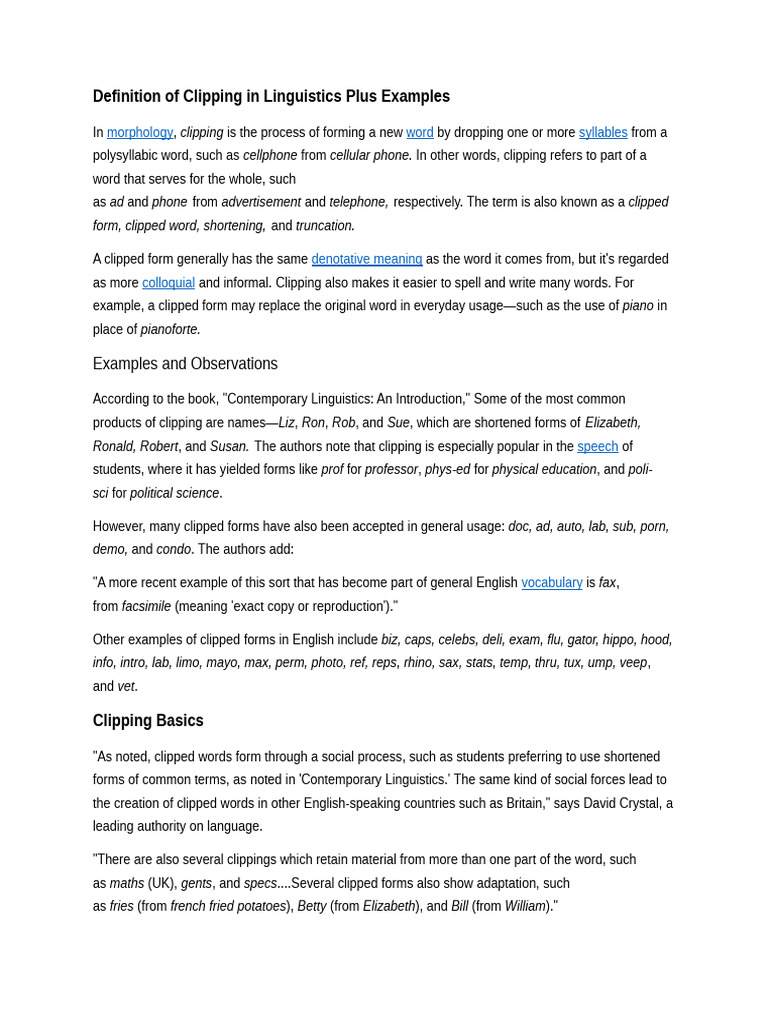 Definition of Clipping in Linguistics Plus Examples | PDF | Word ...