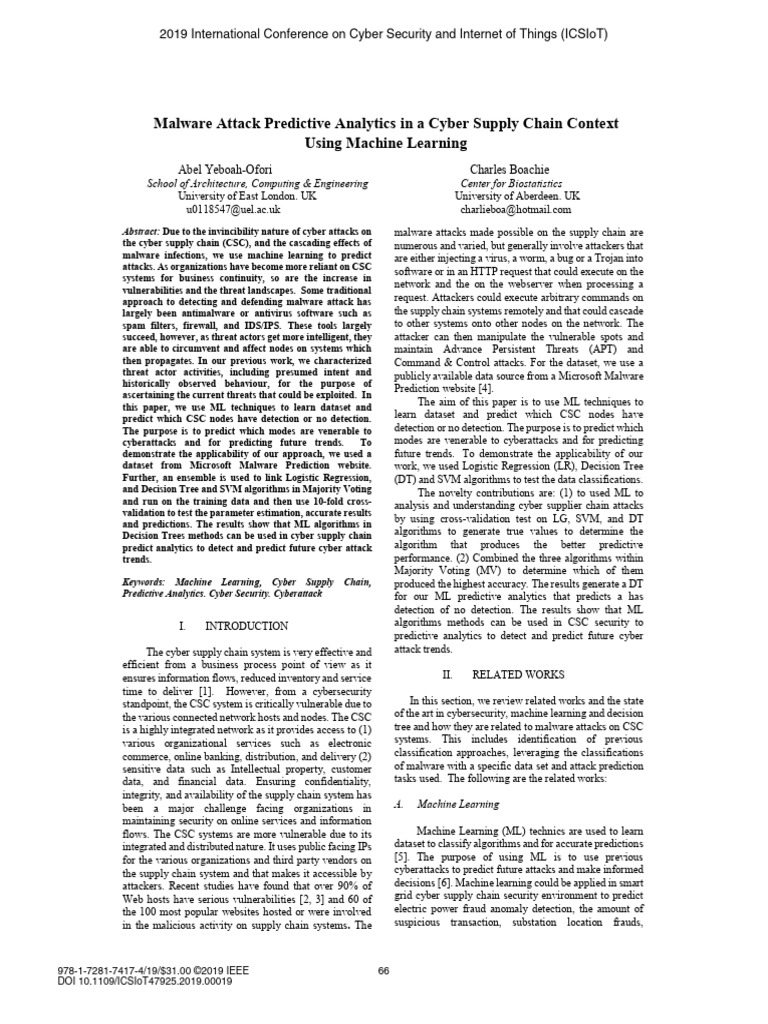 Malware Attack Predictive Analytics In A Cyber Supply Chain Context