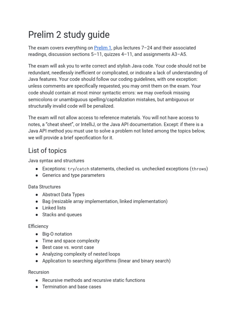 Prelim 2 Study Guide CS 2110 | PDF | Method (Computer Programming) | Vertex (Graph Theory)