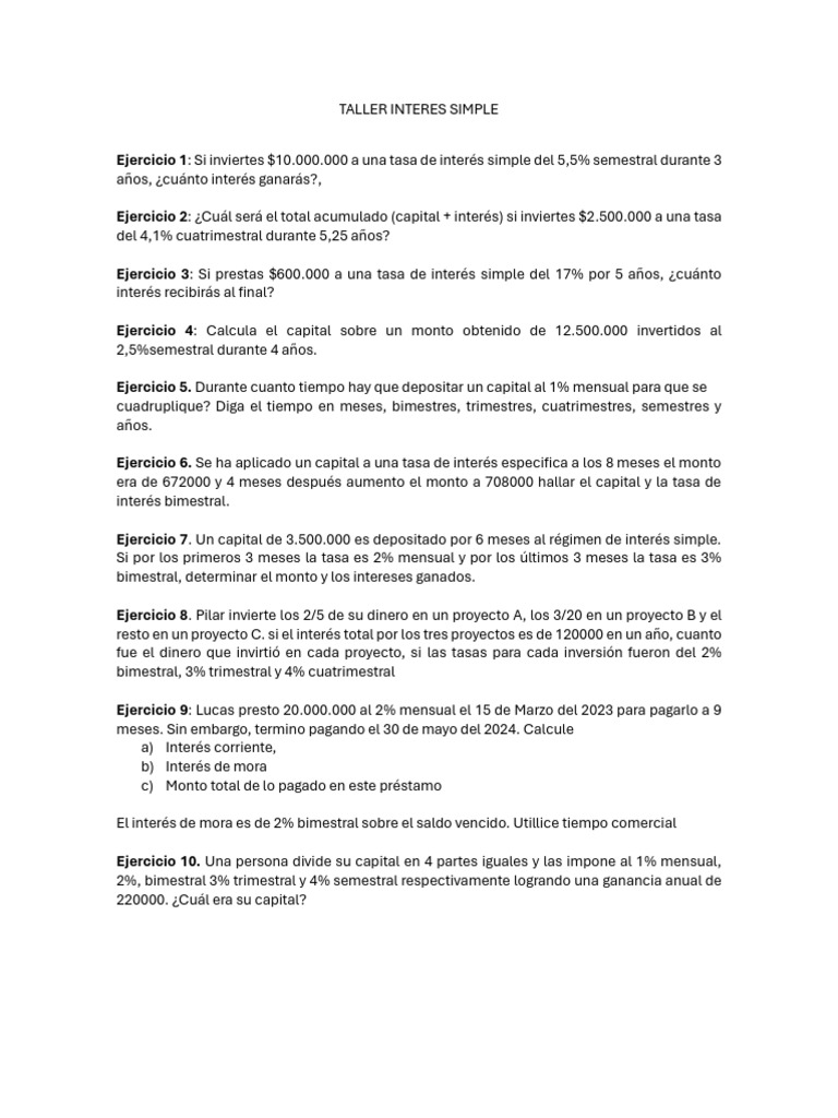 Taller Interes Simple | PDF