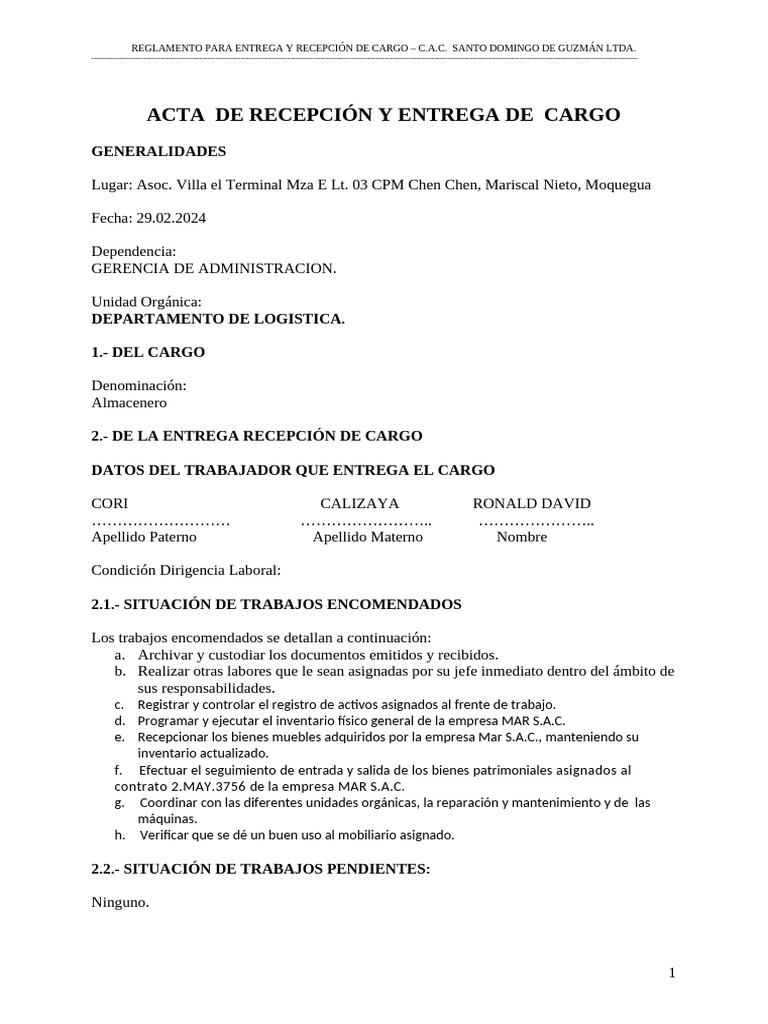 Acta de Recepción y Entrega de Cargo | PDF