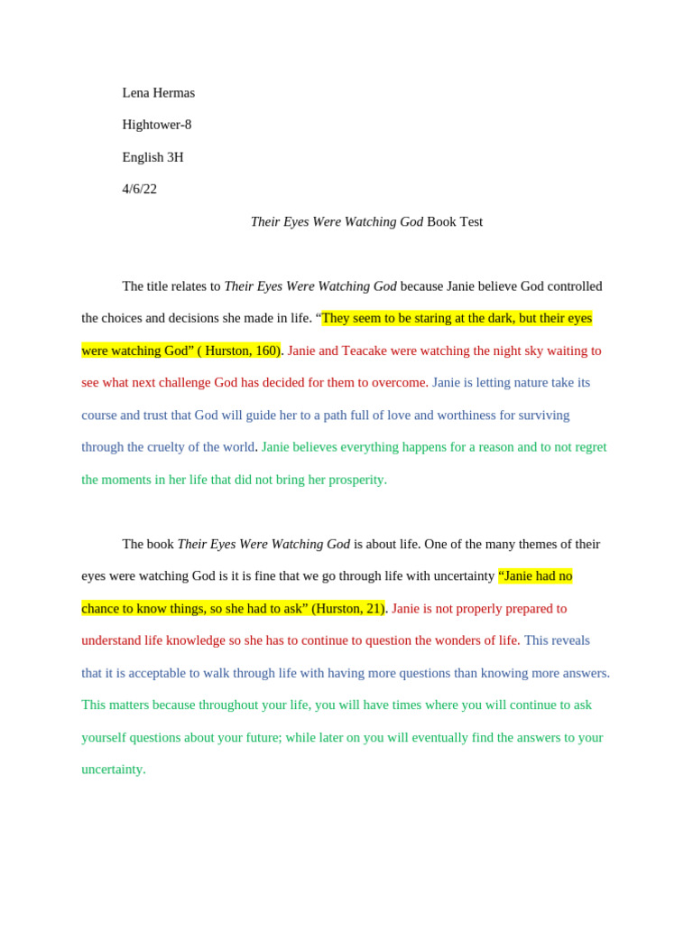 Their Eyes Were Watching God Book Test | PDF