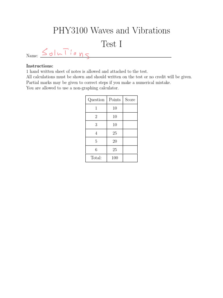 PHY3100 Waves and Vibrations Test I | PDF | Applied And ...