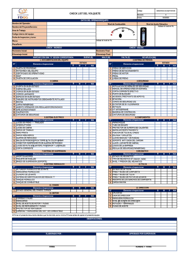 GMSG - Fdag-Gg-Eqp-For-005-Check List Volquete | PDF | Neumático ...