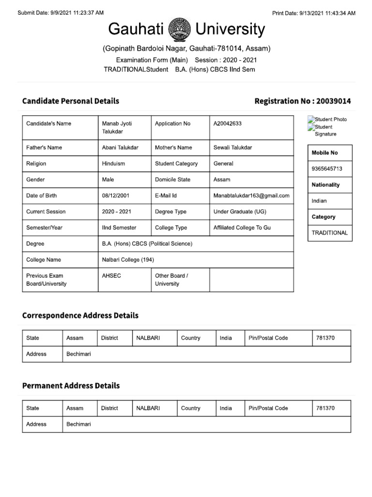 2nd Sem Exam Form | PDF